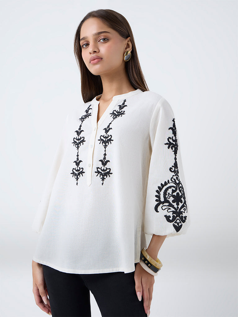 Buy Utsa Off-White Embroidered Cotton-Blend Tunic from Westside