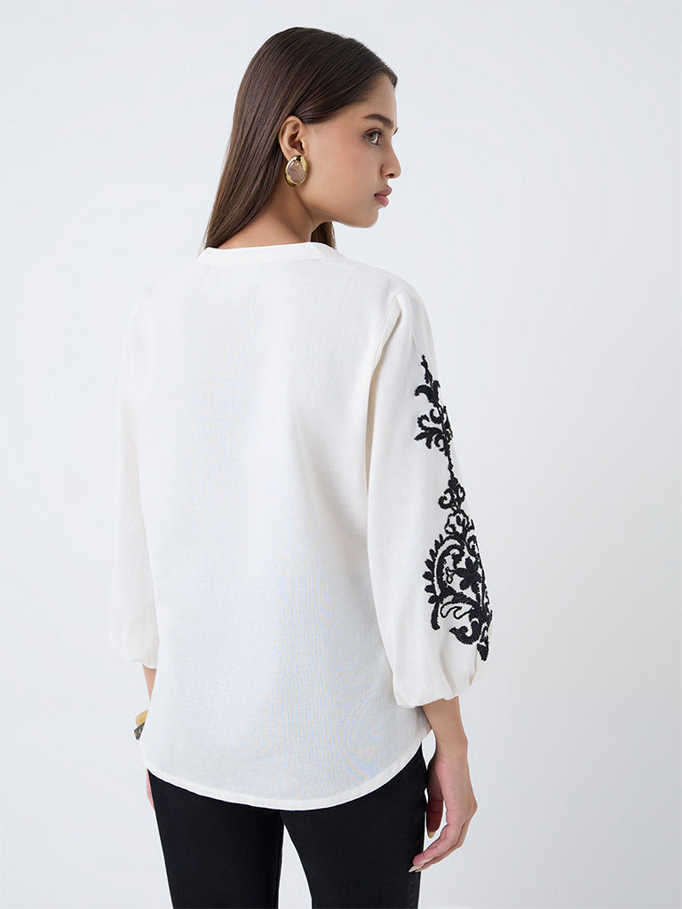 Buy Utsa Off-White Embroidered Cotton-Blend Tunic from Westside
