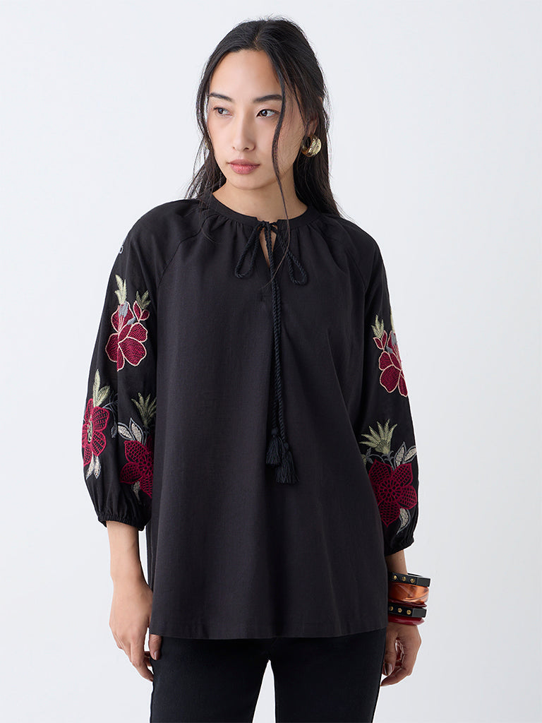 Buy Utsa Black Floral Embroidered Cotton Tunic from Westside