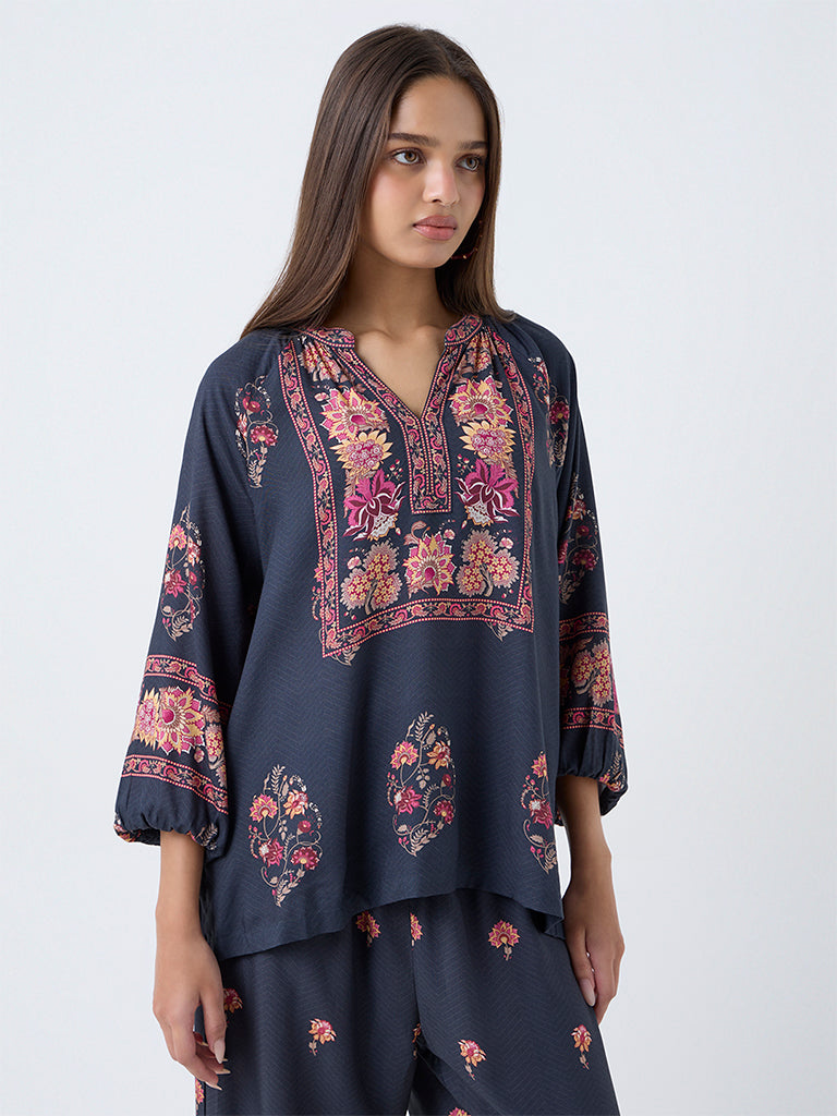 Buy Utsa Black Floral Pattern Tunic from Westside