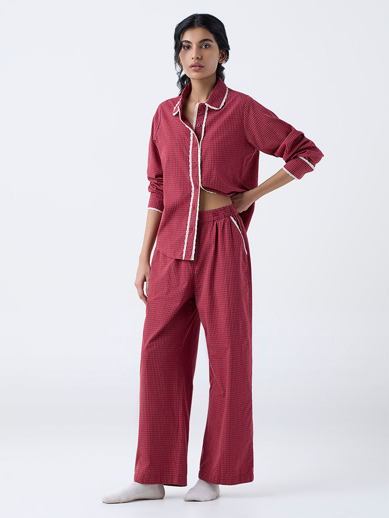 Buy Superstar Red Checkered High-Rise Cotton Pants from Westside