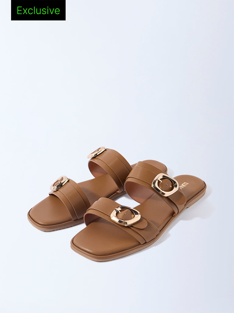 Buy LUNA BLU Tan Dual-Strap Slip-On Sandals - Exclusive from Westside