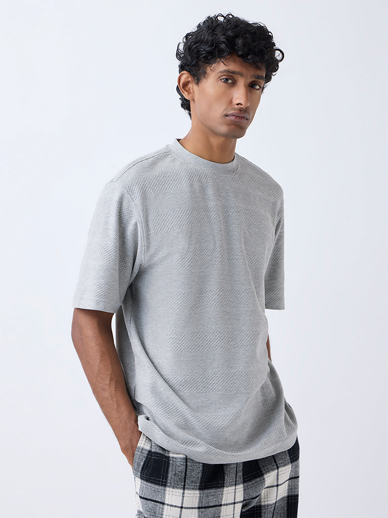 Buy WES Lounge Grey Textured Relaxed-Fit Cotton-Blend T-Shirt from Westside