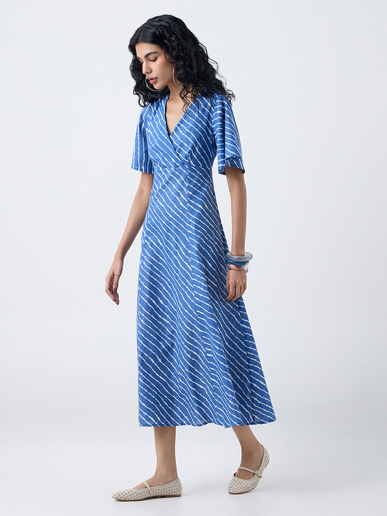 Buy Bombay Paisley Blue Striped Cotton A-Line Dress from Westside