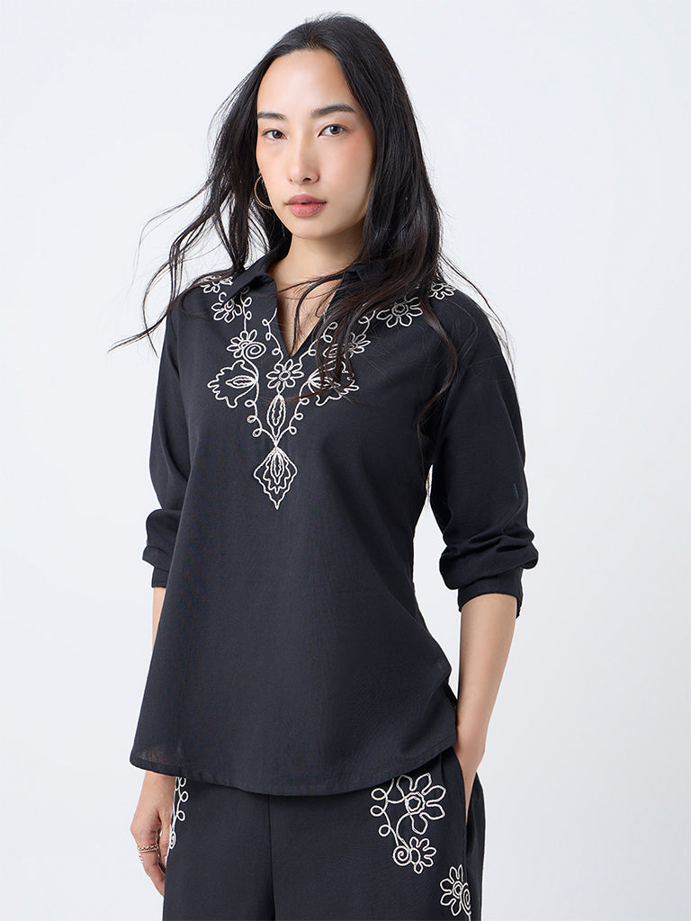Buy Utsa Black Embroidered Cotton-Blend Tunic from Westside