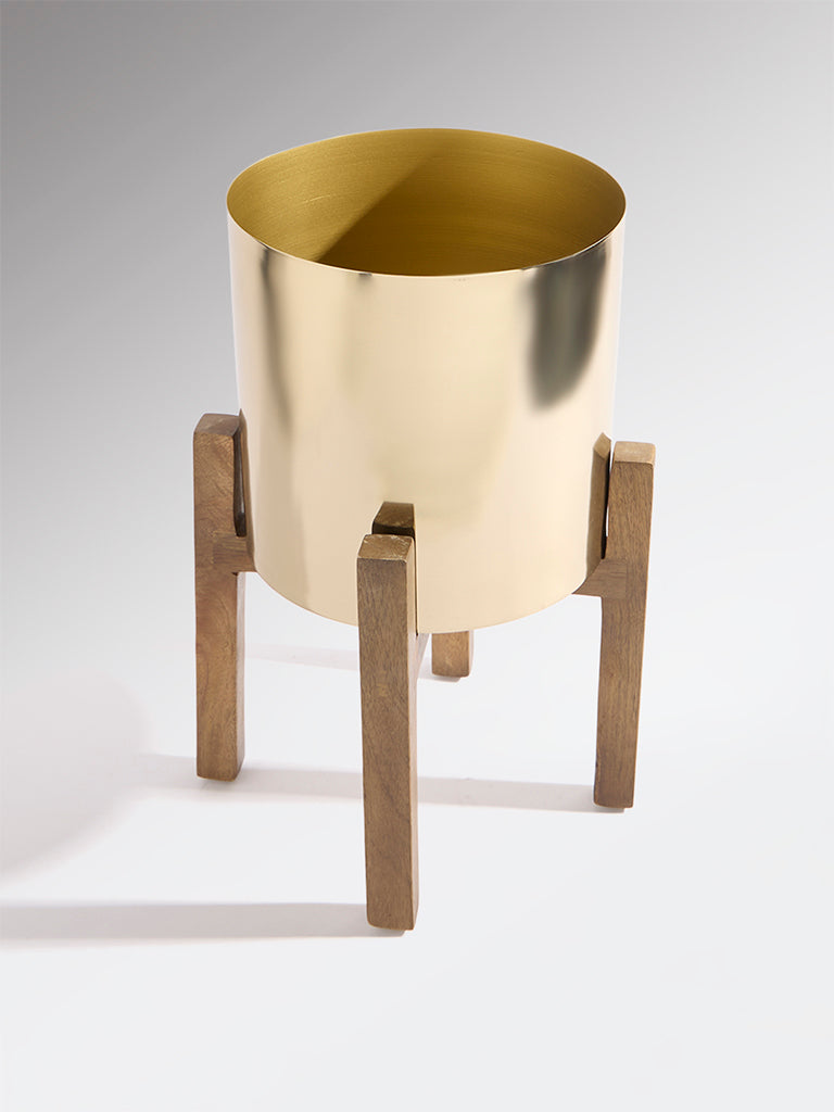 Buy Westside Home Gold Metal Pot on Wooden Stand - Medium from Westside