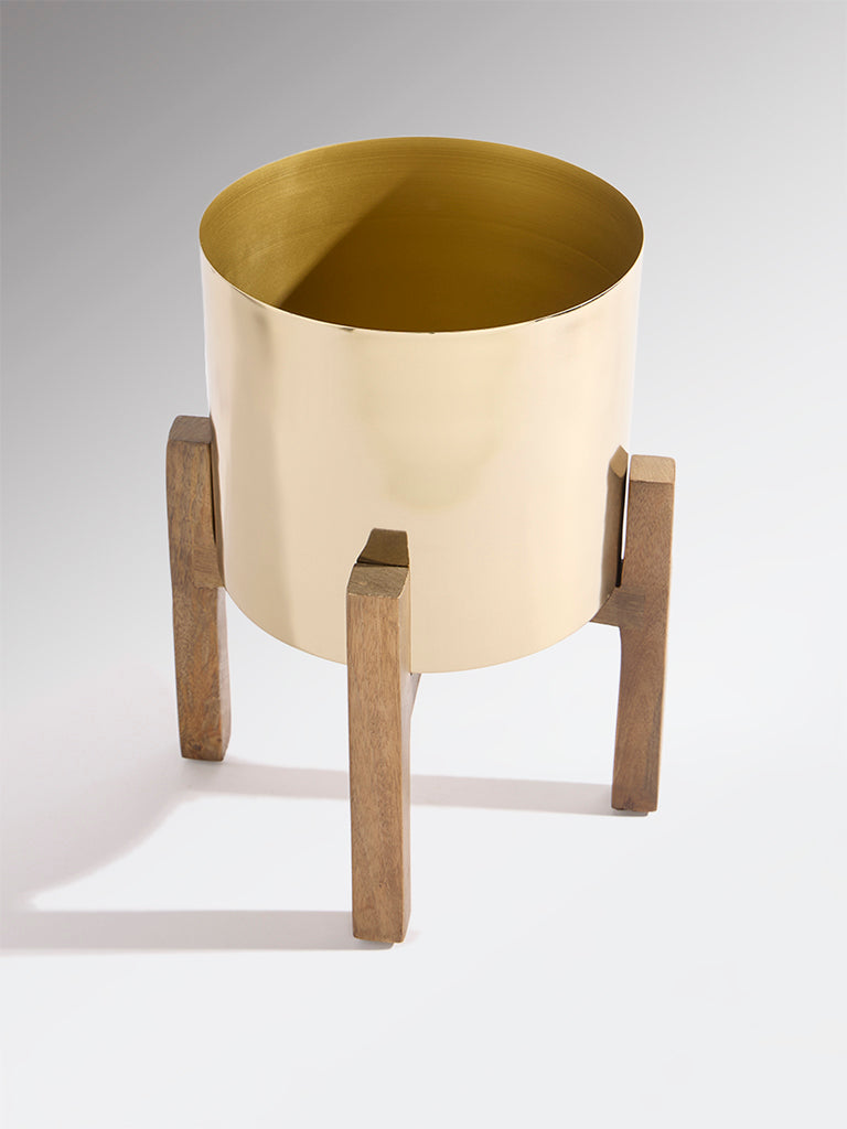 Buy Westside Home Gold Metal Pot on Wooden Stand - Small from Westside