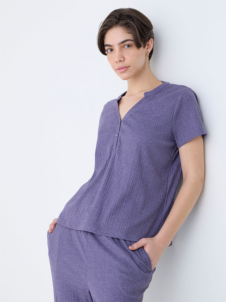 Buy Wunderlove Purple Ribbed-Textured Cotton-Blend Top from Westside