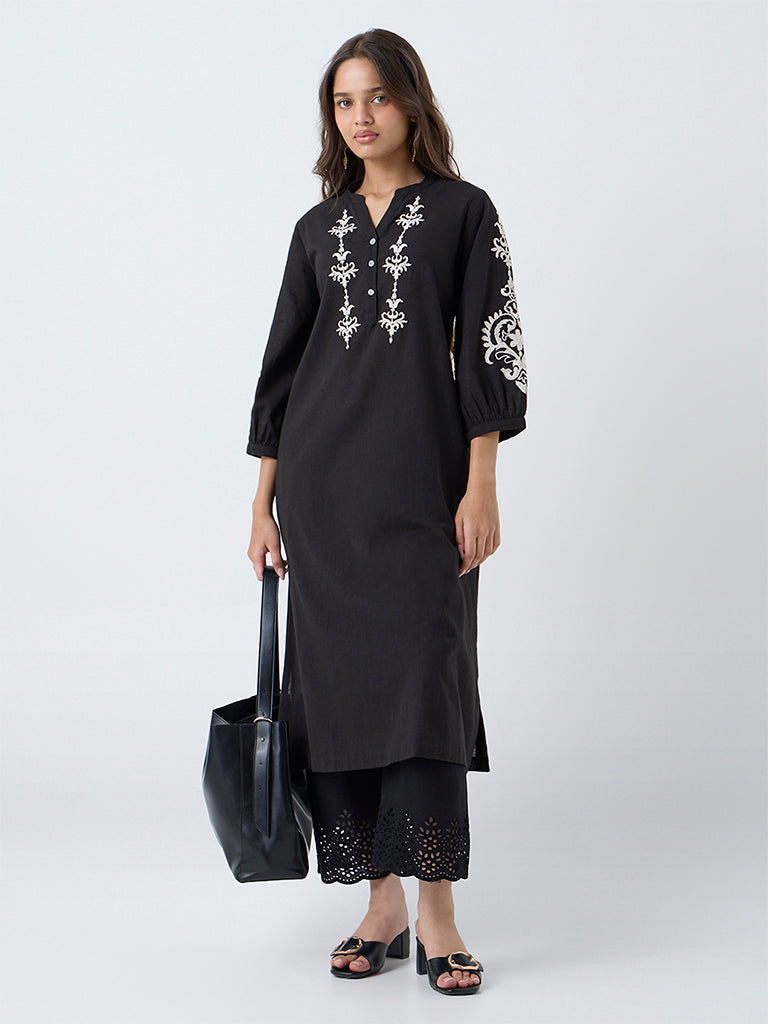 Buy Utsa Black Embroidered Cotton A-Line Kurta from Westside