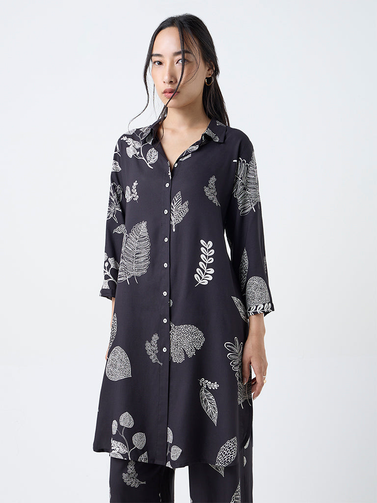 Buy Utsa Black Foliage Design A-Line Kurta from Westside