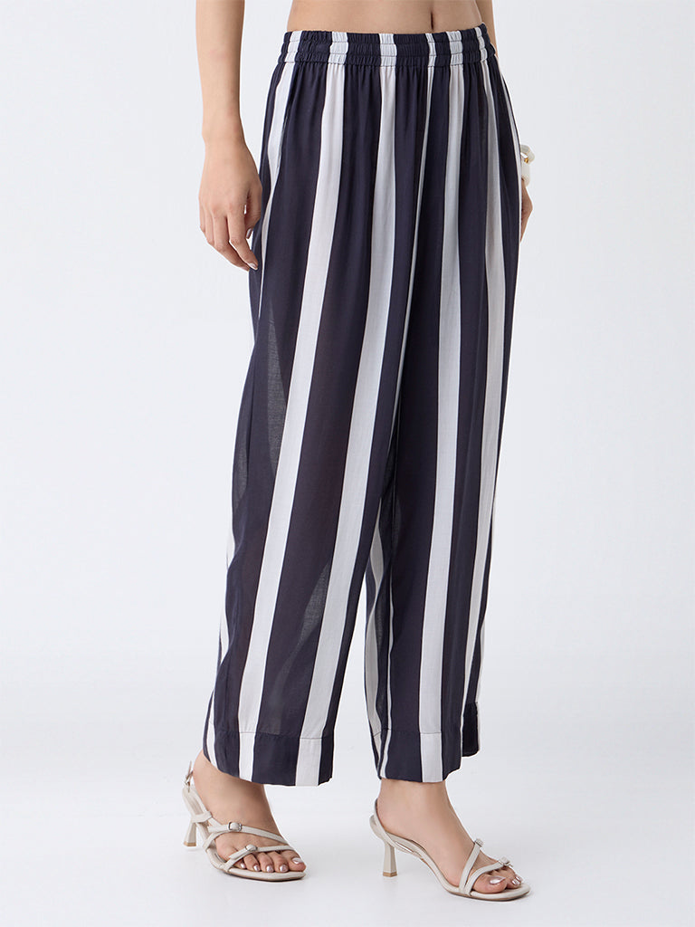 Buy Utsa Black Striped Pants from Westside