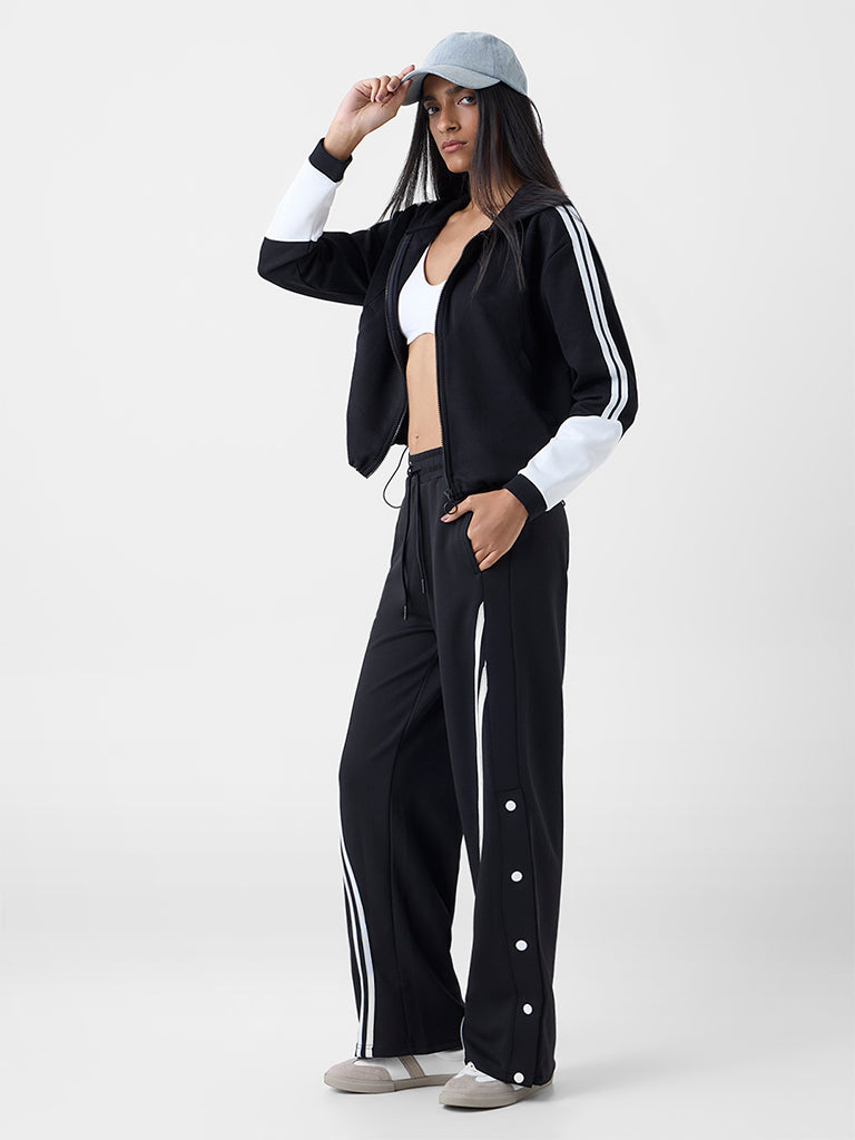 Buy Studiofit Black Striped Hooded Jacket from Westside