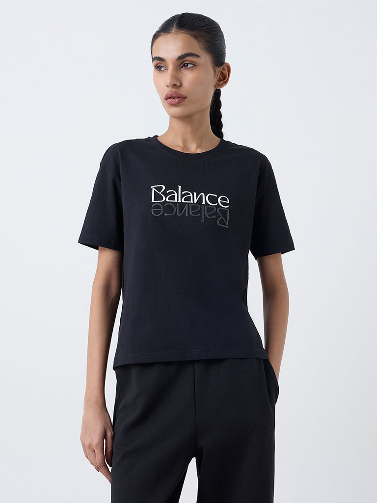 Buy Studiofit Black Text Pattern Cotton T-Shirt from Westside