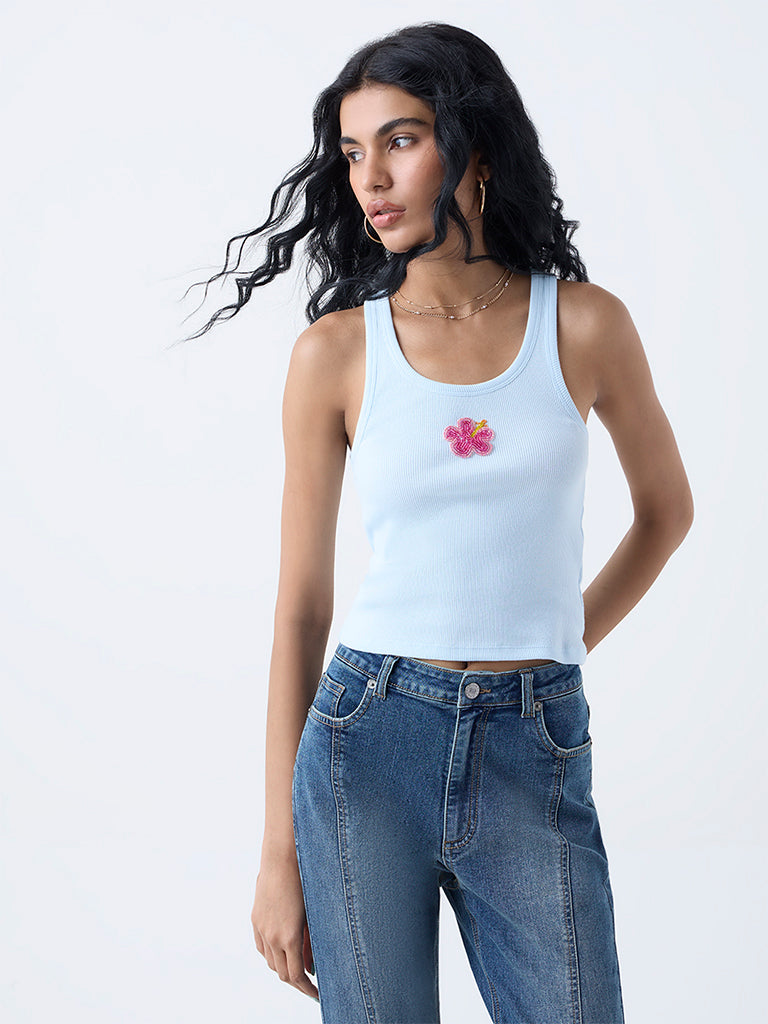 Buy Nuon Light Blue Embellished Cotton-Blend Tank Top from Westside