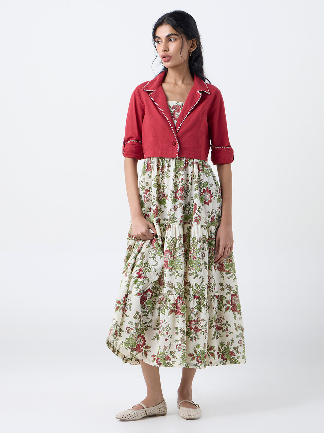 Buy Bombay Paisley Cream Cotton Tiered Dress with Jacket from Westside