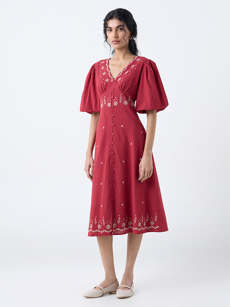 Buy Bombay Paisley Red Embroidered Cotton A-Line Dress from Westside