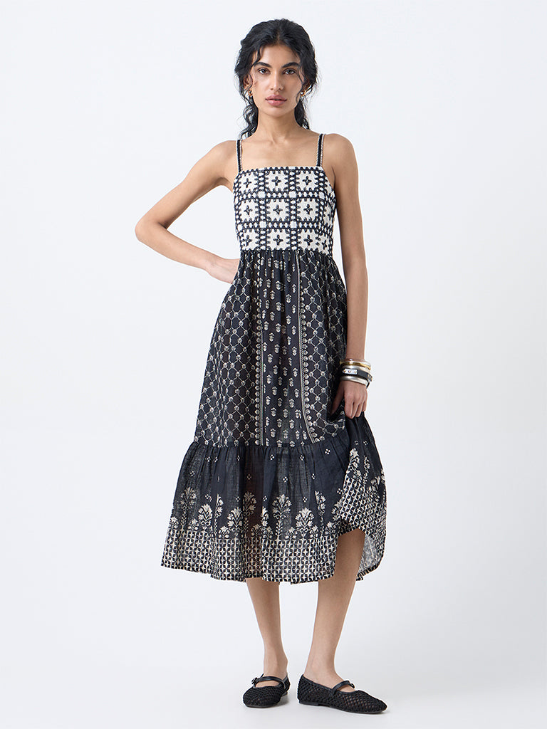 Buy Bombay Paisley Black Embroidered Cotton Tiered Dress from Westside