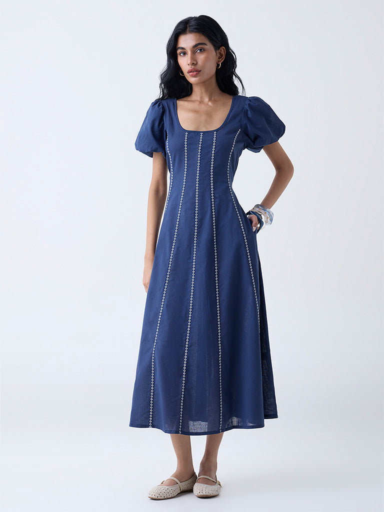 Buy Bombay Paisley Blue Striped Cotton-Blend A-Line Dress from Westside