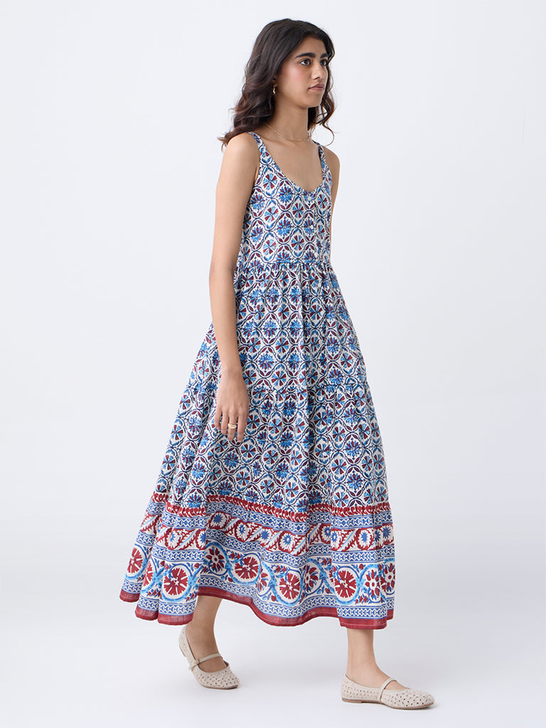 Buy Bombay Paisley Blue Floral Cotton Tiered Dress from Westside