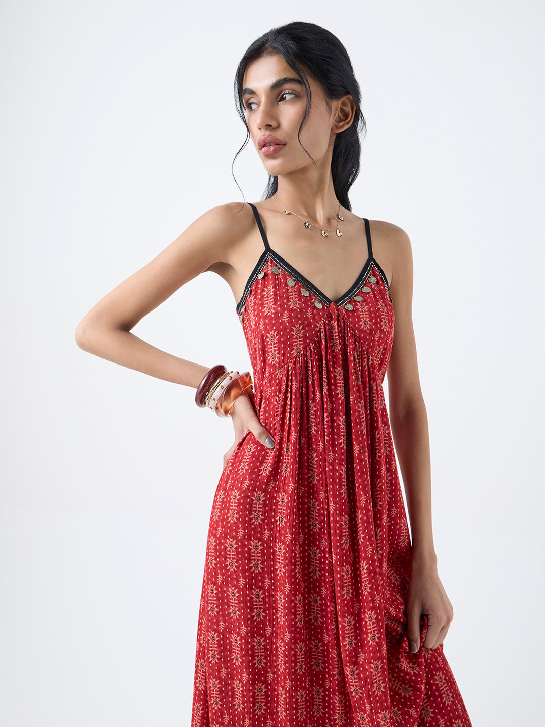 Buy Bombay Paisley Red Printed Empire A-Line Dress from Westside