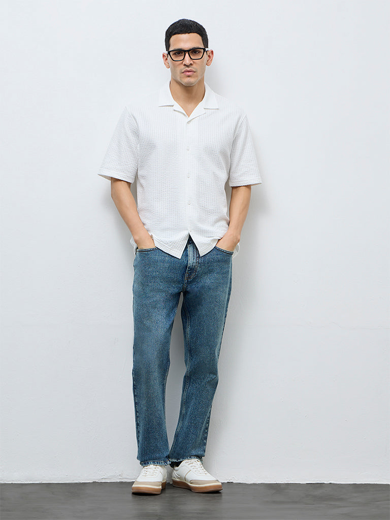 Buy WES Casuals White Seersucker Striped Relaxed-Fit Shirt from Westside