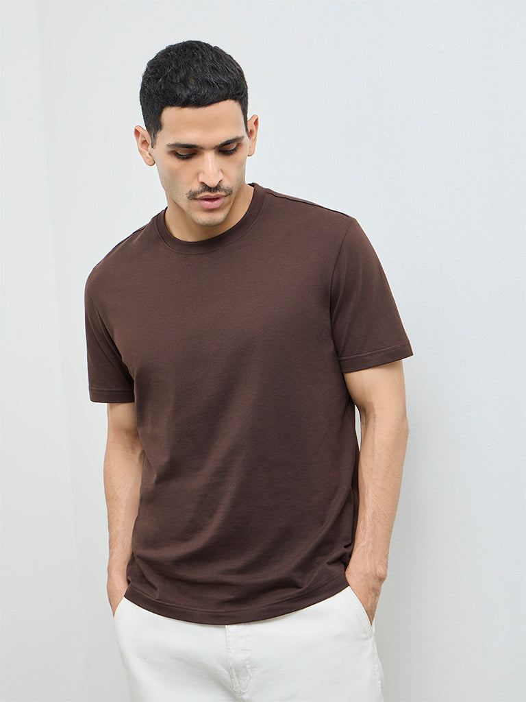 Buy WES Casuals Dark Brown Solid Slim-Fit Cotton T-Shirt from Westside