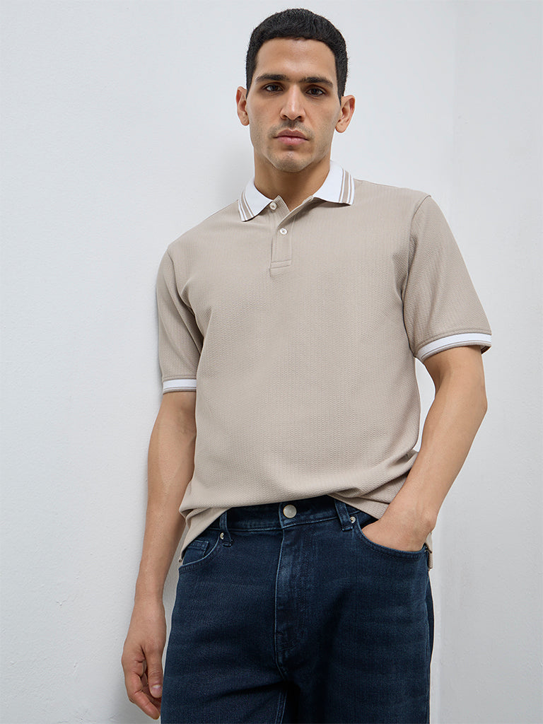 Buy WES Casuals Taupe Textured Relaxed-Fit Polo T-Shirt from Westside