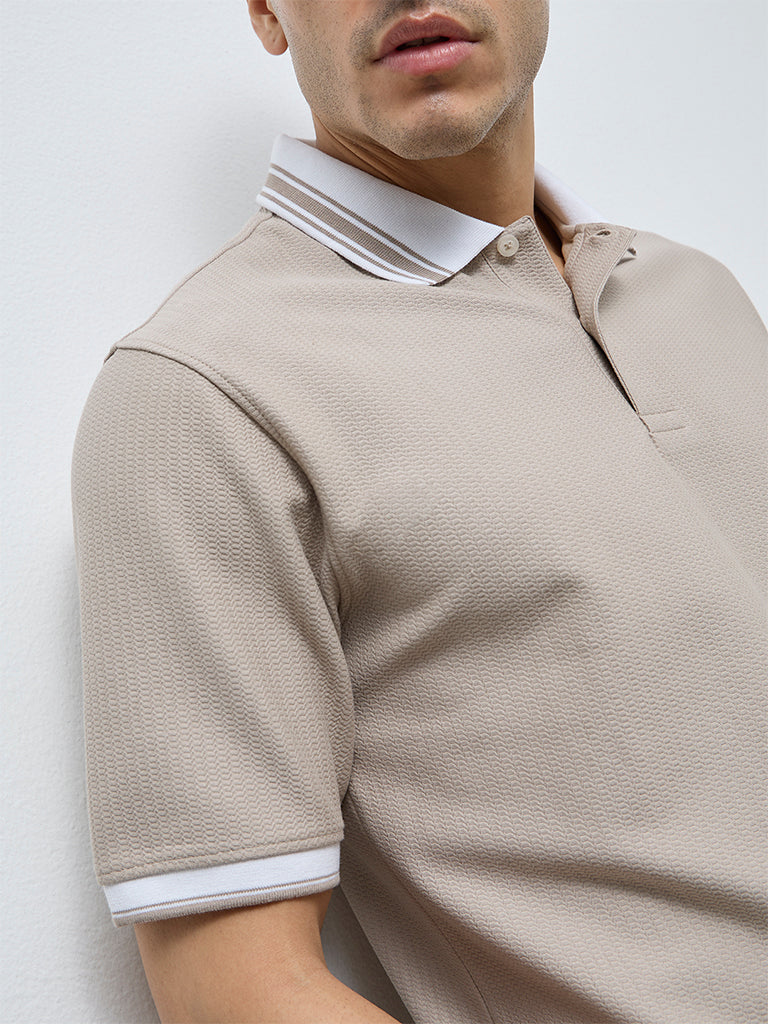 Buy WES Casuals Taupe Textured Relaxed-Fit Polo T-Shirt from Westside