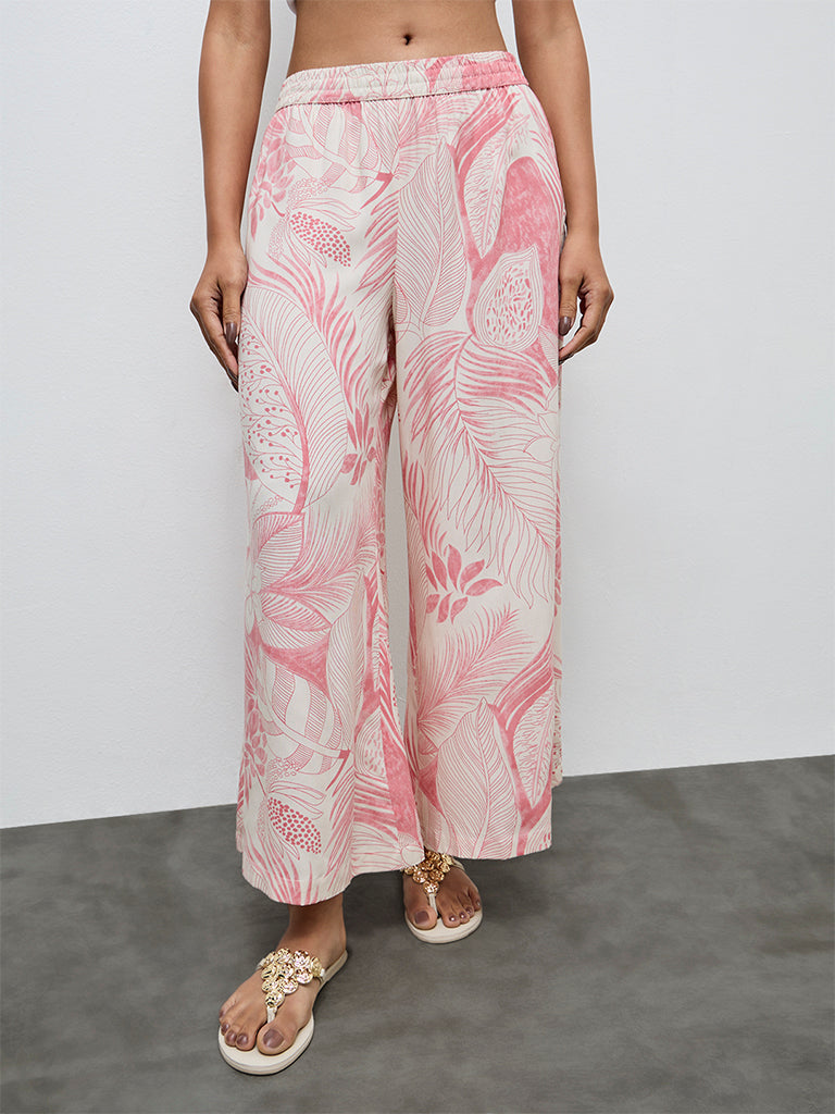 Buy Utsa Pink Foliage Printed Palazzos from Westside