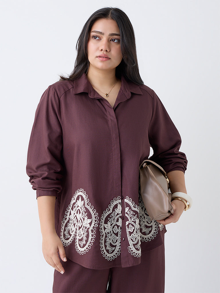 Buy Gia Dark Brown Embroidered Shirt from Westside