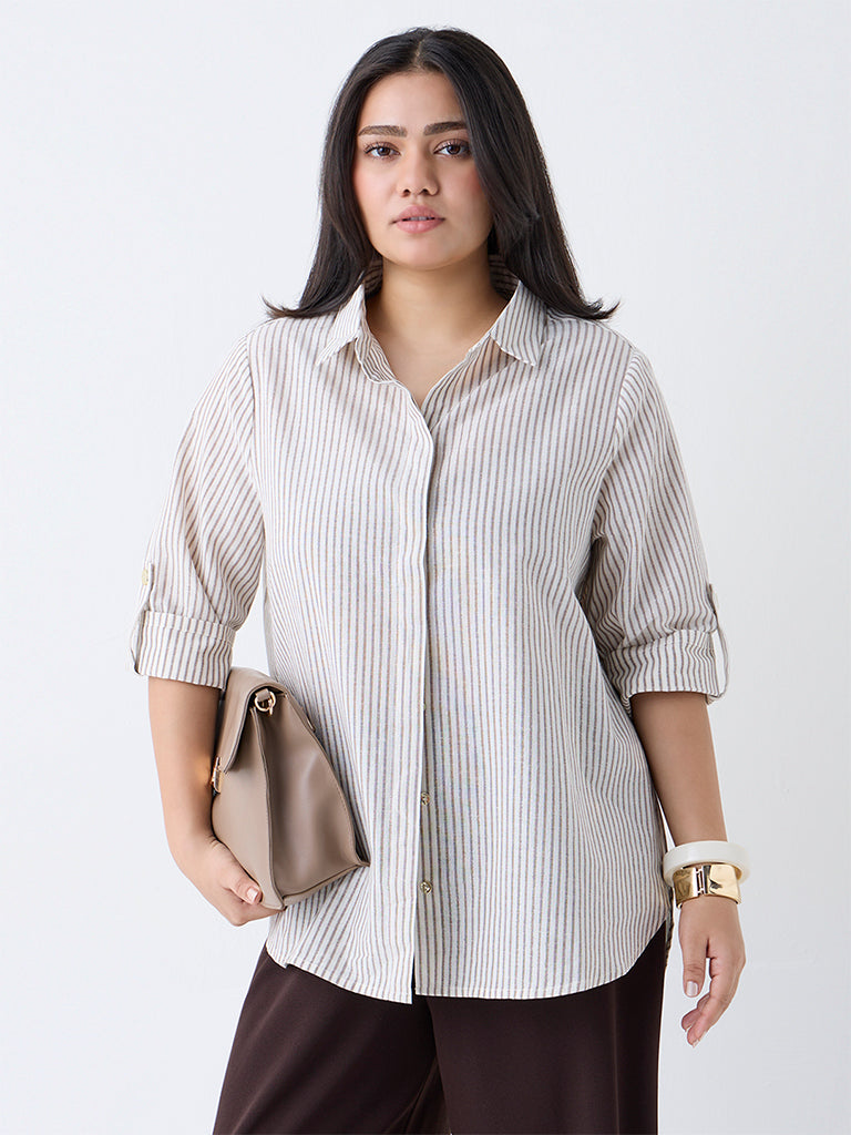 Buy Gia Cream Striped Cotton-Blend Shirt from Westside