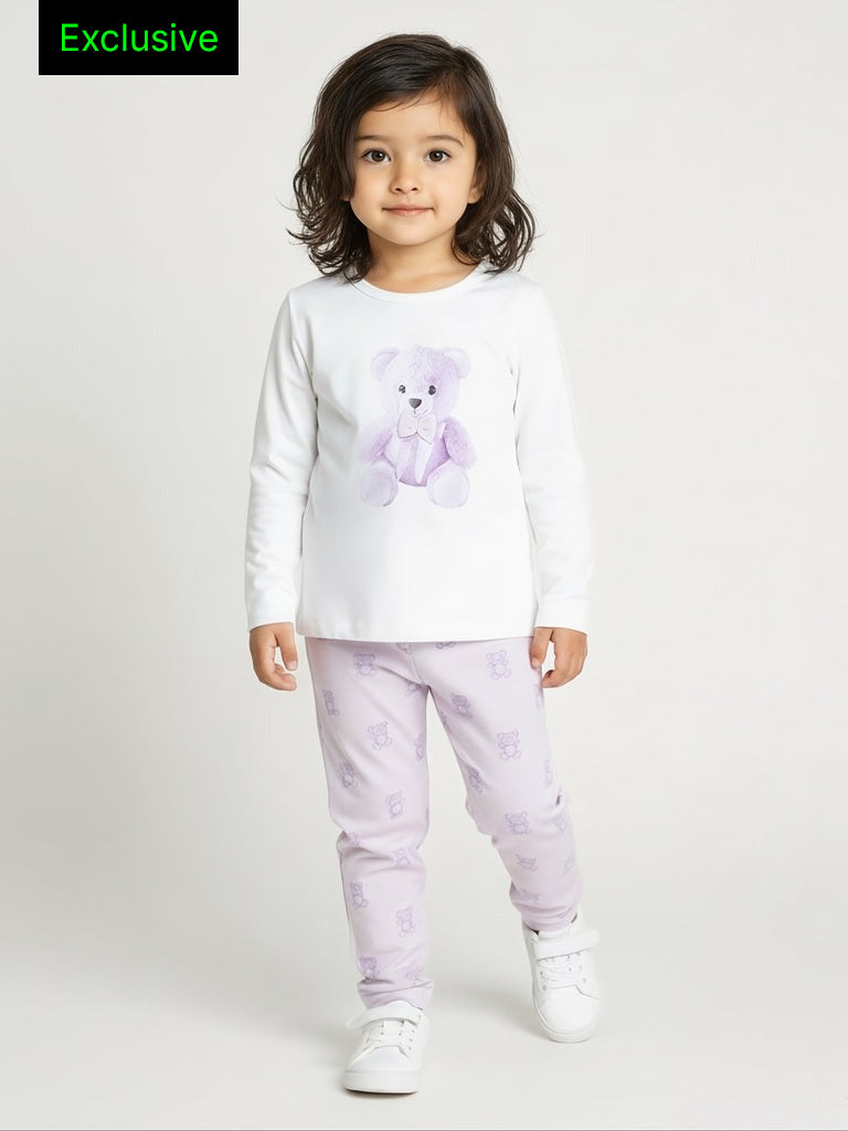 Buy HOP Baby Girls Lilac Teddy Printed Cotton T-Shirt and Pants Set ...