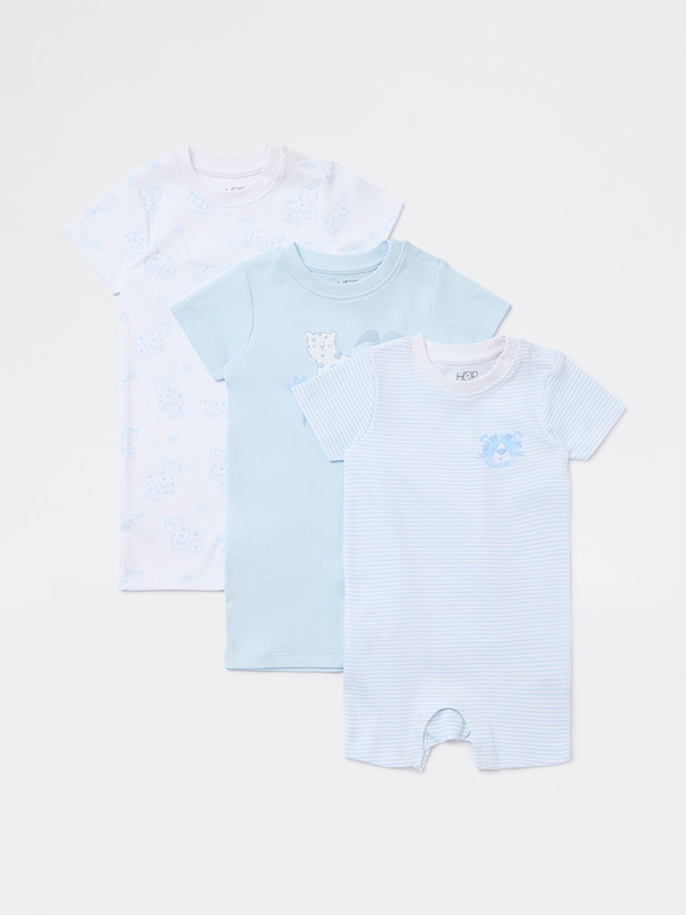 Buy HOP Baby Boys Blue Animal Design Cotton Rompers - Pack of 3 from ...