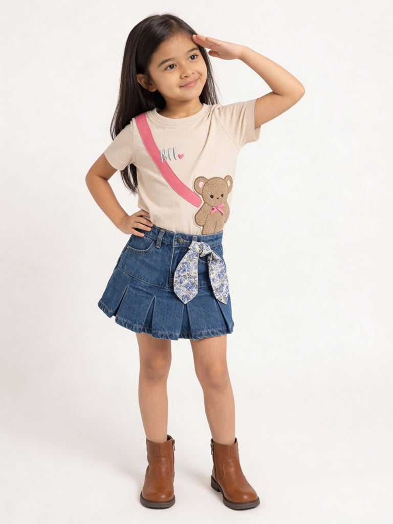 Buy HOP Kids Girls Dark Blue Solid Mid-Rise Denim Skorts from Westside