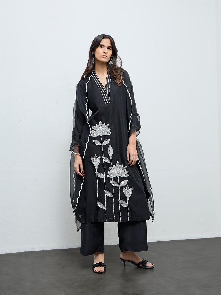 Buy Vark Black Floral Embroidered A-Line Ethnic Set from Westside