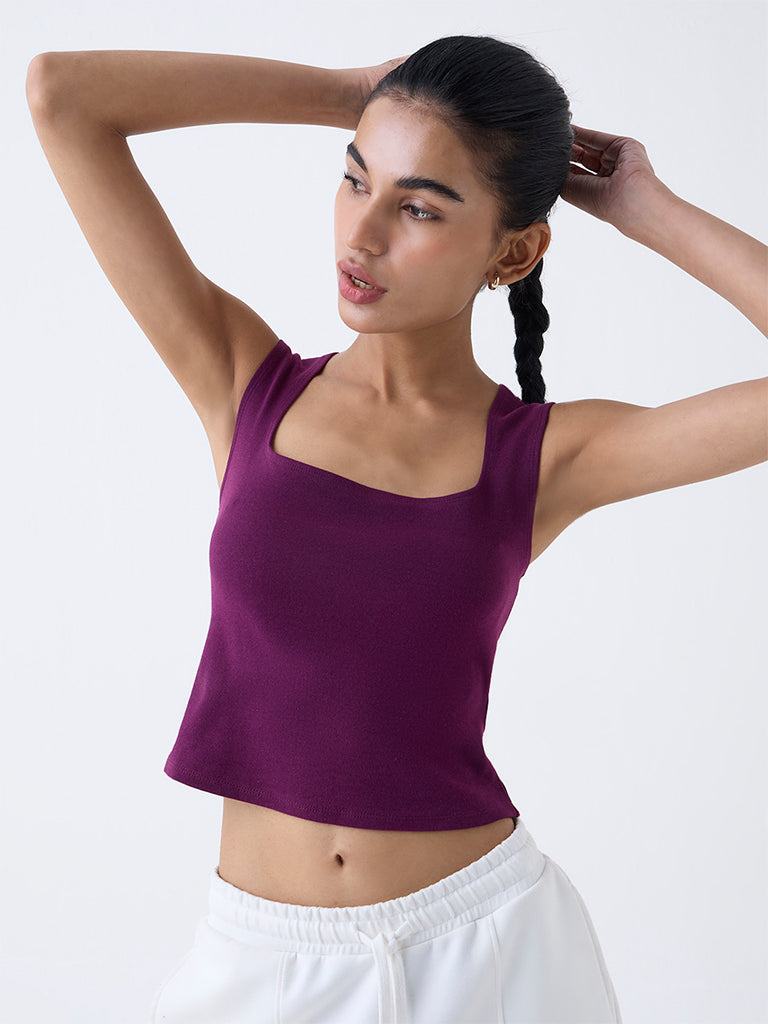 Buy Superstar Plum Solid Cotton-Blend Tank Top from Westside