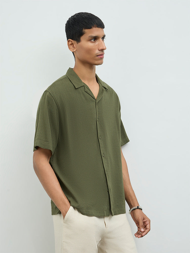 Buy ETA Olive Textured Relaxed-Fit Cotton Shirt from Westside