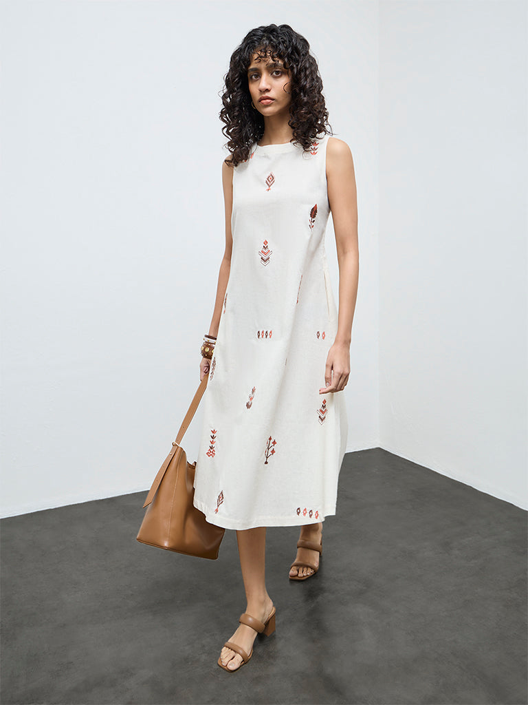 Buy Utsa Off-White Embroidered Straight Cotton-Blend Dress from Westside