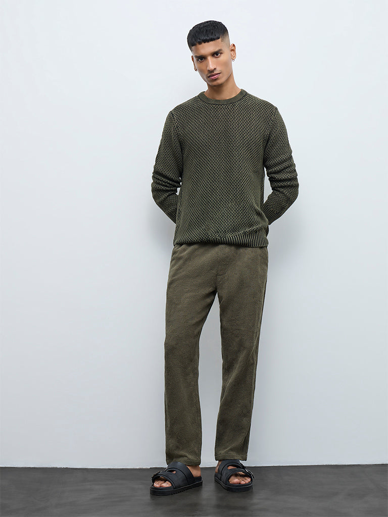 Buy ETA Olive Textured Relaxed-Fit Mid-Rise Cotton Chinos from Westside