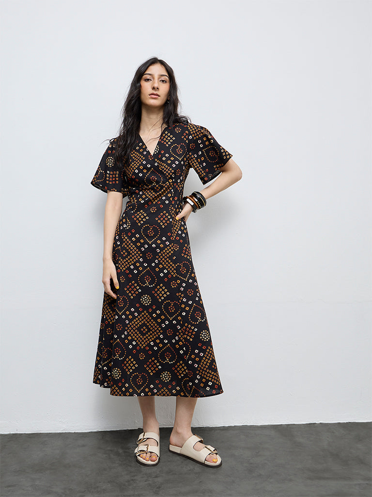 Buy Bombay Paisley Black Printed Cotton A-Line Dress from Westside