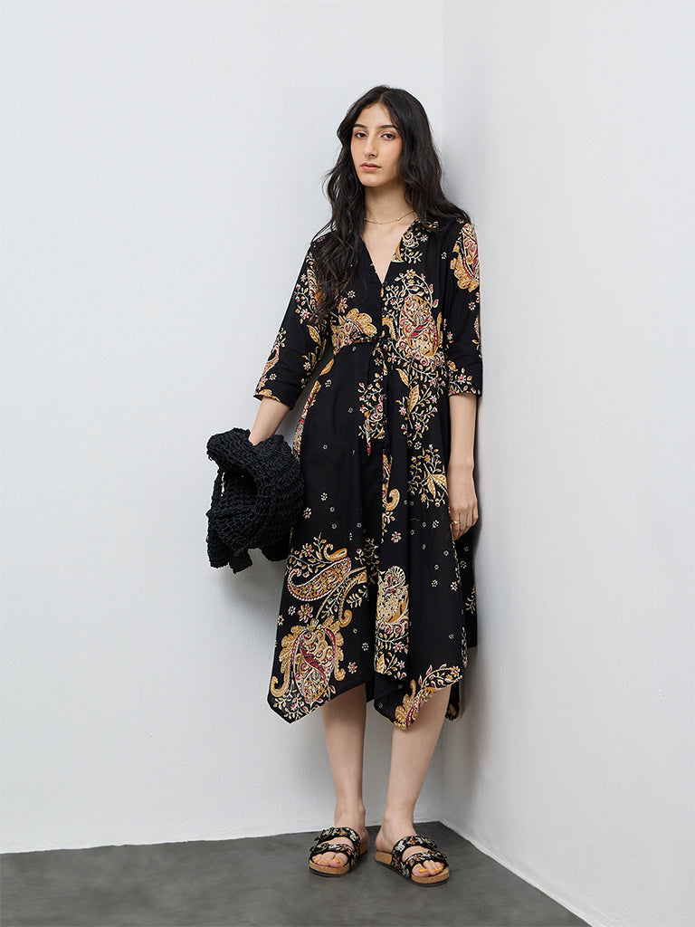 Buy Bombay Paisley Black Printed Cotton Asymmetrical Dress from Westside
