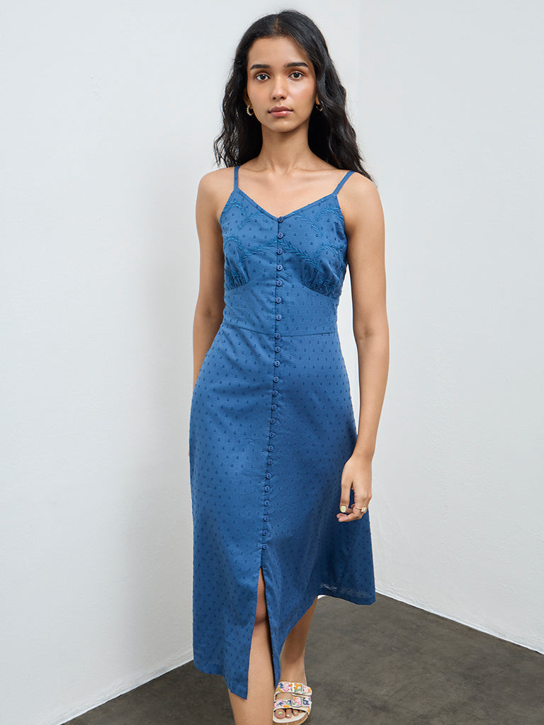 Buy Bombay Paisley Indigo Embroidered Cotton A-Line Dress from Westside