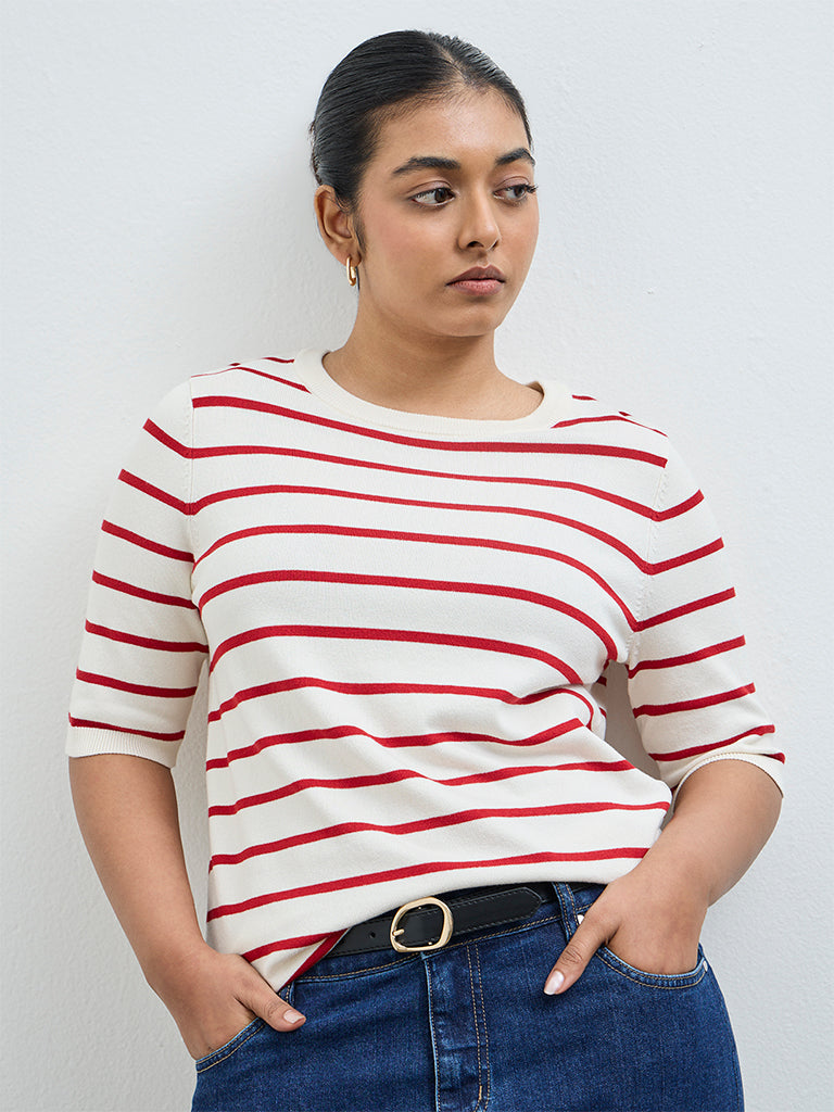 Buy Gia Cream and Red Striped Knit-Textured Sweater from Westside