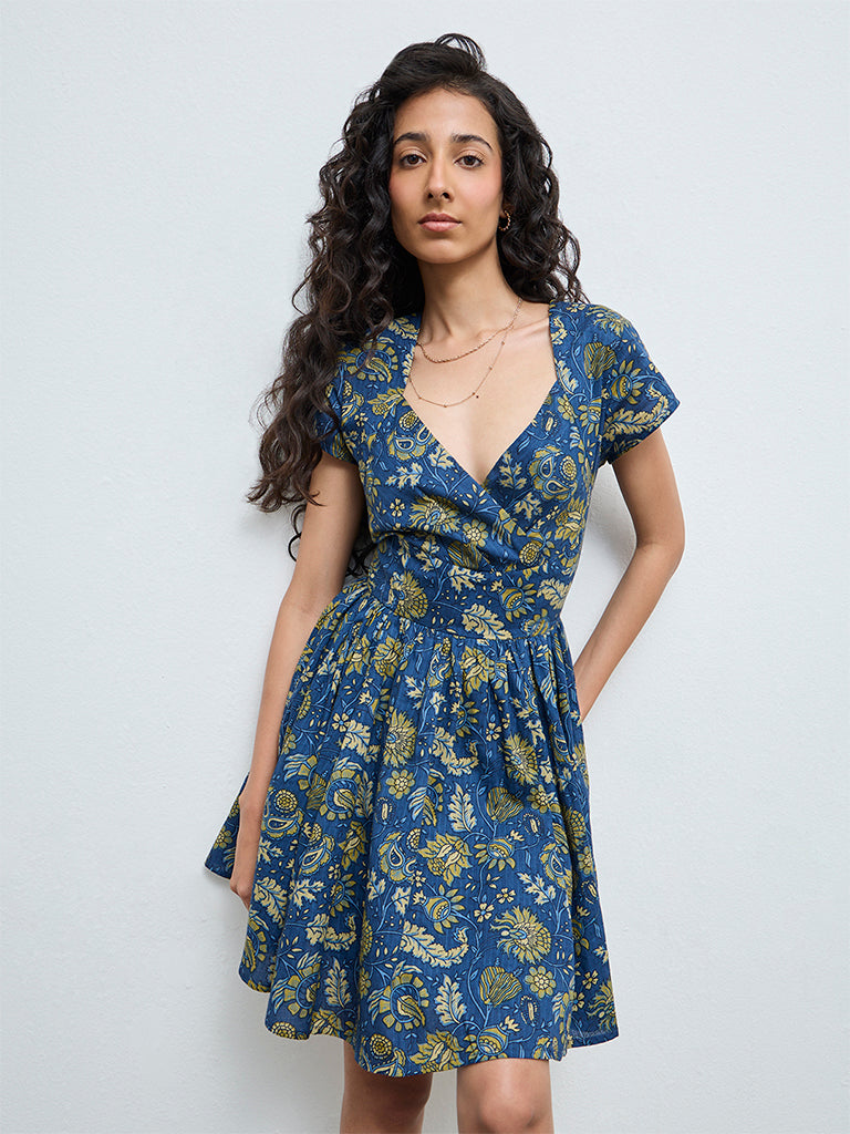 Buy Bombay Paisley Dark Blue Floral Cotton A-Line Dress from Westside