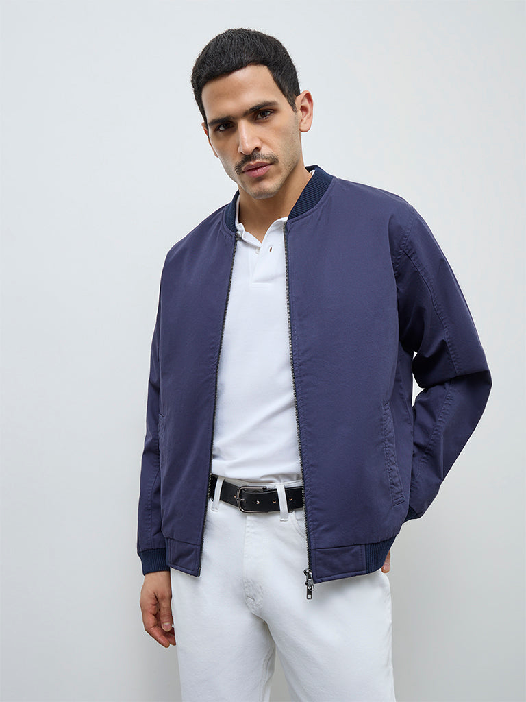 Buy WES Casuals Navy Solid Relaxed-Fit Cotton Jacket from Westside