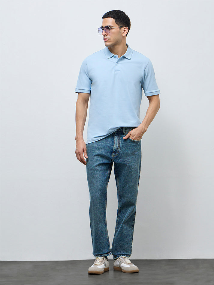 Buy WES Casuals Light Blue Relaxed-Fit Cotton-Blend Polo T-Shirt from ...