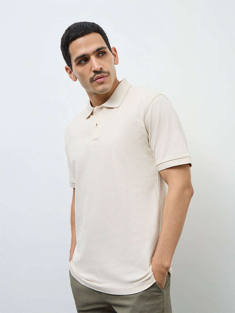 Buy WES Casuals Beige Relaxed-Fit Cotton-Blend Polo T-Shirt from Westside