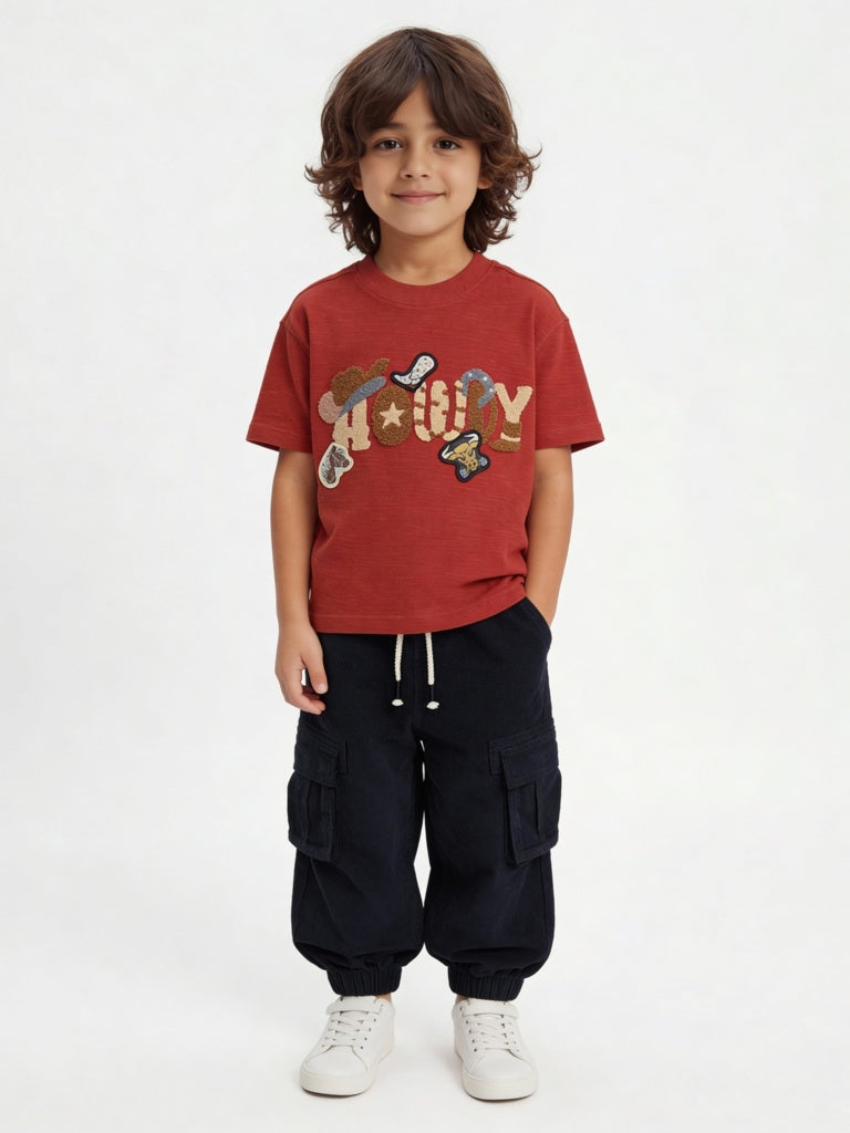 Buy HOP Kids Boys Rust Embroidered Cotton T-Shirt from Westside