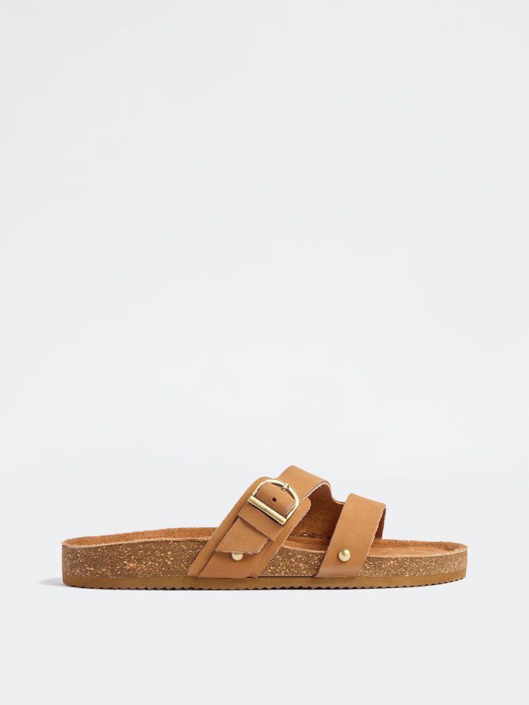 Buy LUNA BLU Tan Buckle-Detailed Slip-On Sandals from Westside