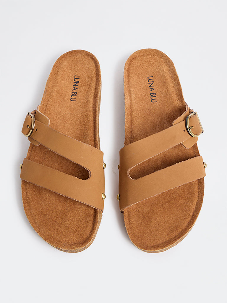 Buy LUNA BLU Tan Buckle-Detailed Slip-On Sandals from Westside